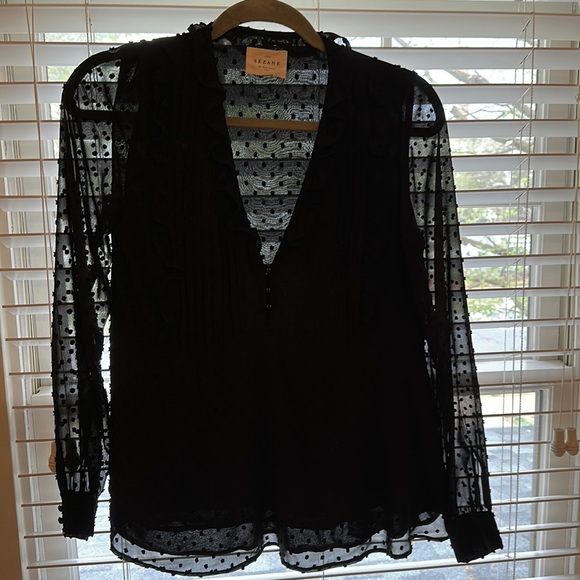 Tops | Sezane Black Ruffle Blouse With Sheer Sleeves | Poshmark